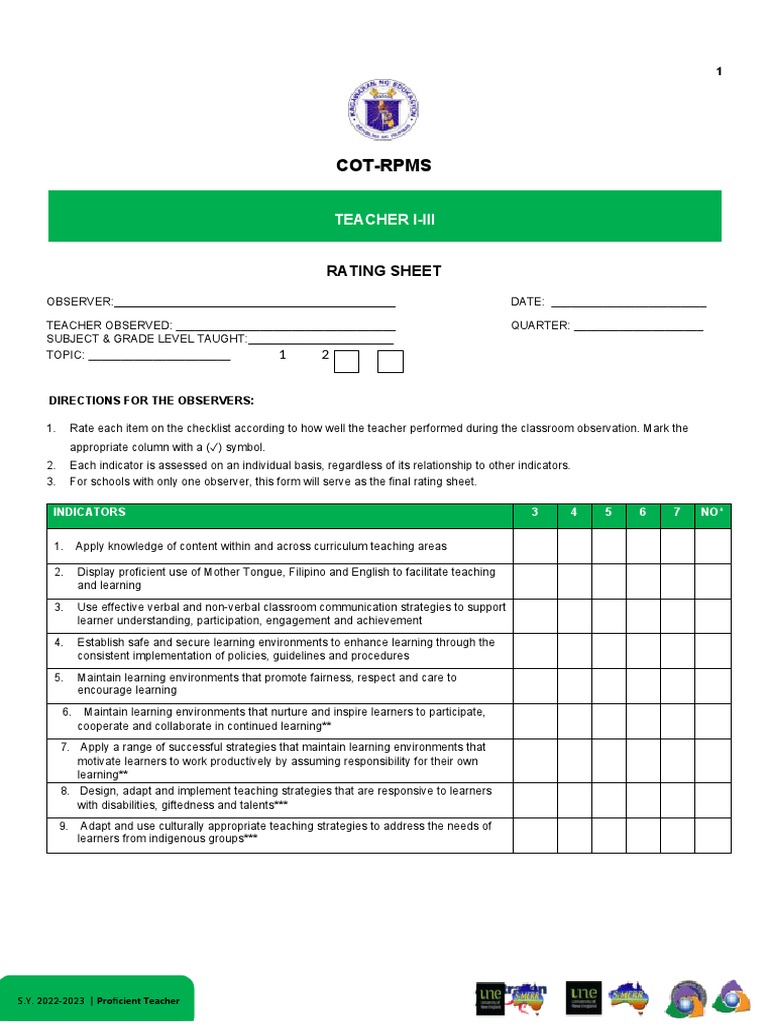 COT 2022 2023 Blank | PDF | Learning | Teachers