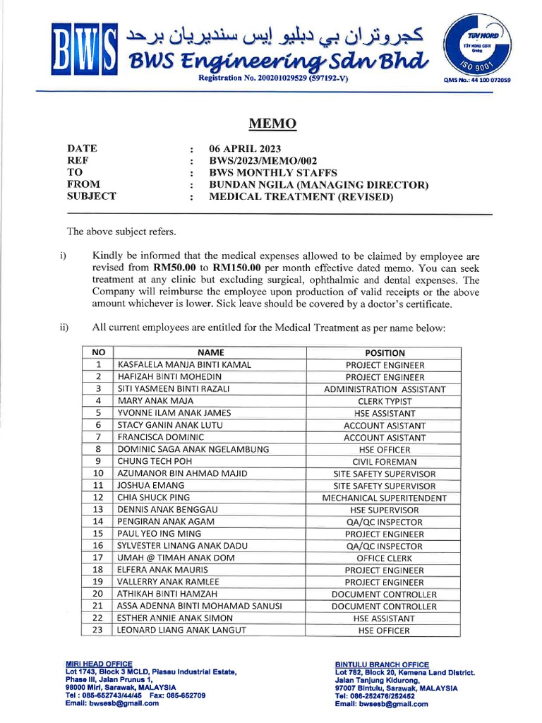 Memo - Medical Treatment (Revised) | PDF