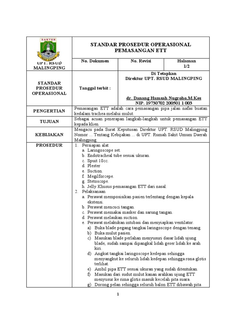 SPO Pemasangan ETT | PDF
