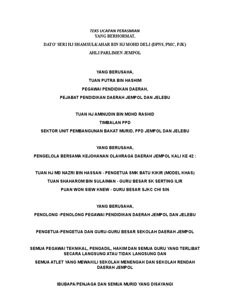 TEKS UCAPAN PERASMIAN MSSD Jempol 2023 | PDF