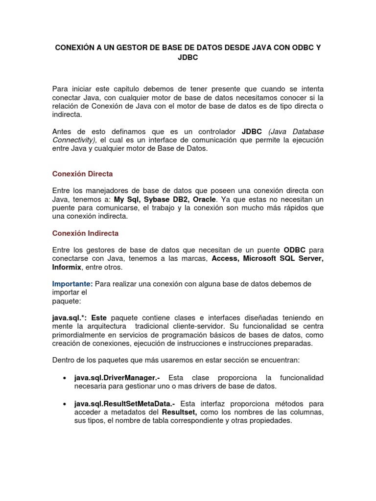 Conexión Java a Bases de Datos: JDBC y ODBC | PDF | SQL | Java (lenguaje de programación)
