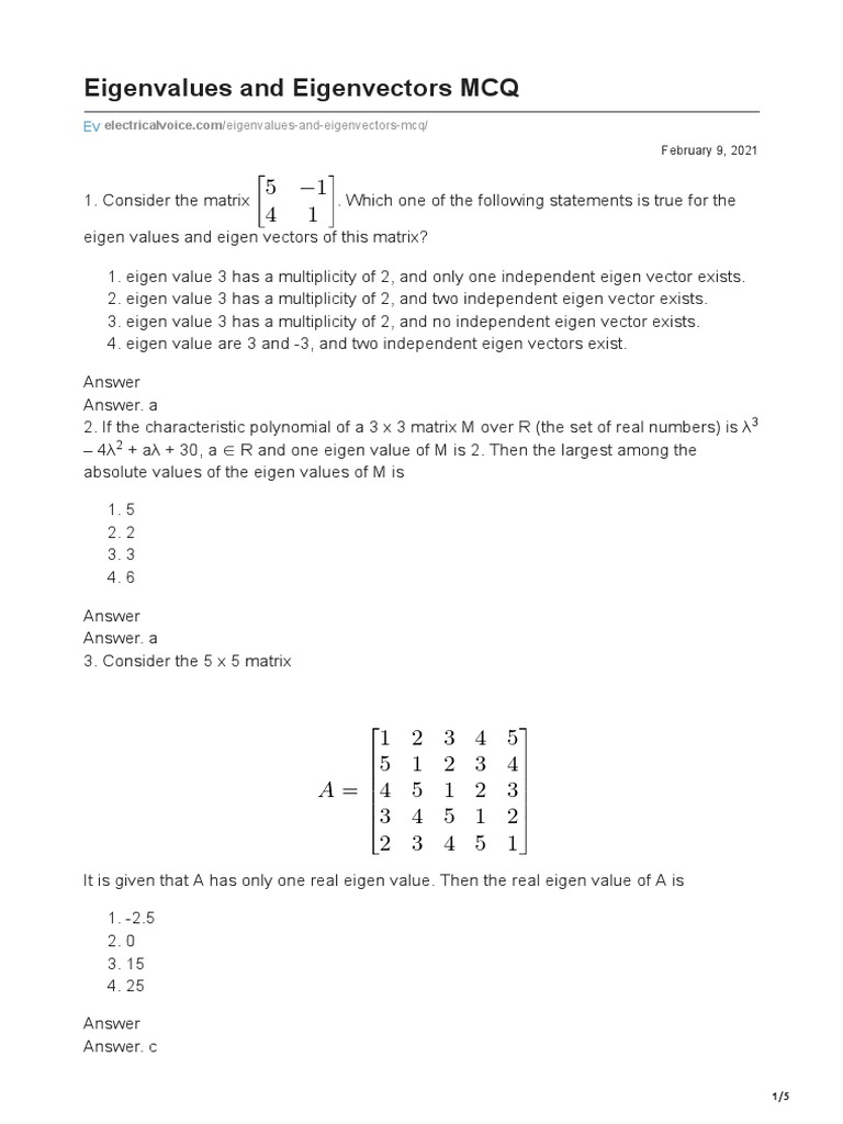 Eigenvalues and Eigenvectors MCQ | PDF | Eigenvalues And Eigenvectors | Functional Analysis