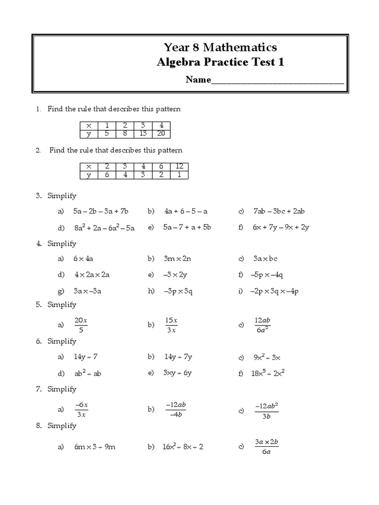 Year - 8 - Algebra Test With Ans | PDF | Mathematics Year - 8 - Algebra Test With Ans | PDF | Mathematics