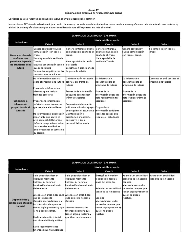 Rubrica para Evaluacion Del Desempeño Del Tutor | PDF | Evaluación
