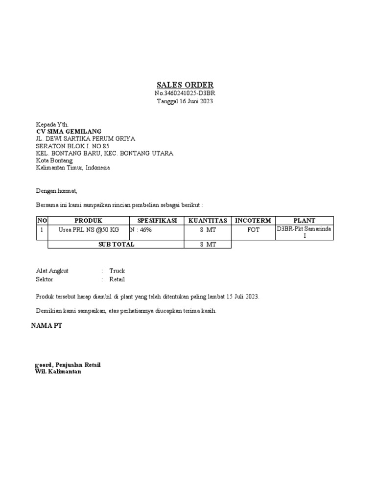 Contoh Dokument Sales Order | PDF