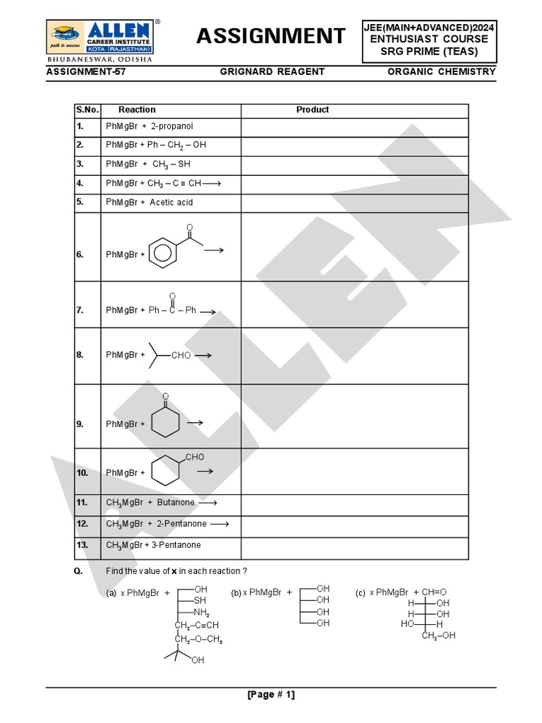 06 Assign-57 To 67 Grignard Reagent OC JEE TEAS | PDF | Unit Processes | Chemical Compounds