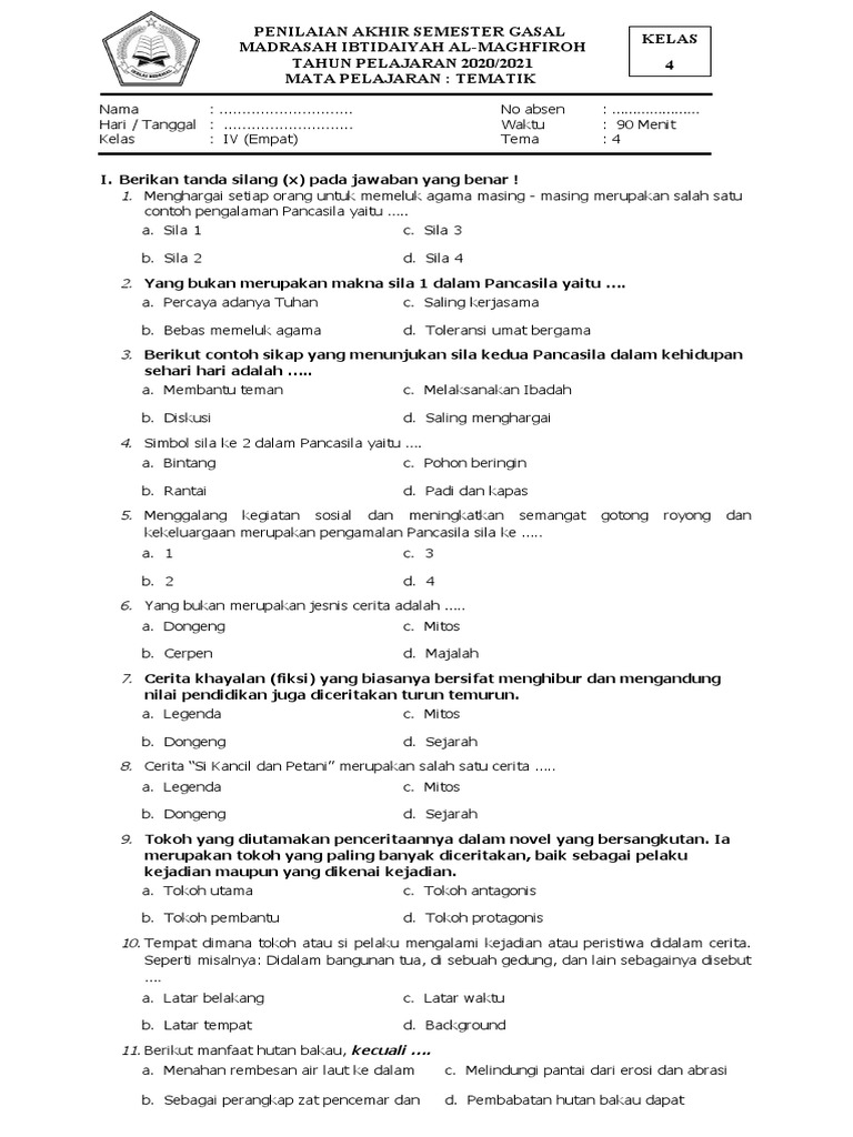 Soal Pas Kls 4 Tema 4 - Kamimadrasah | PDF