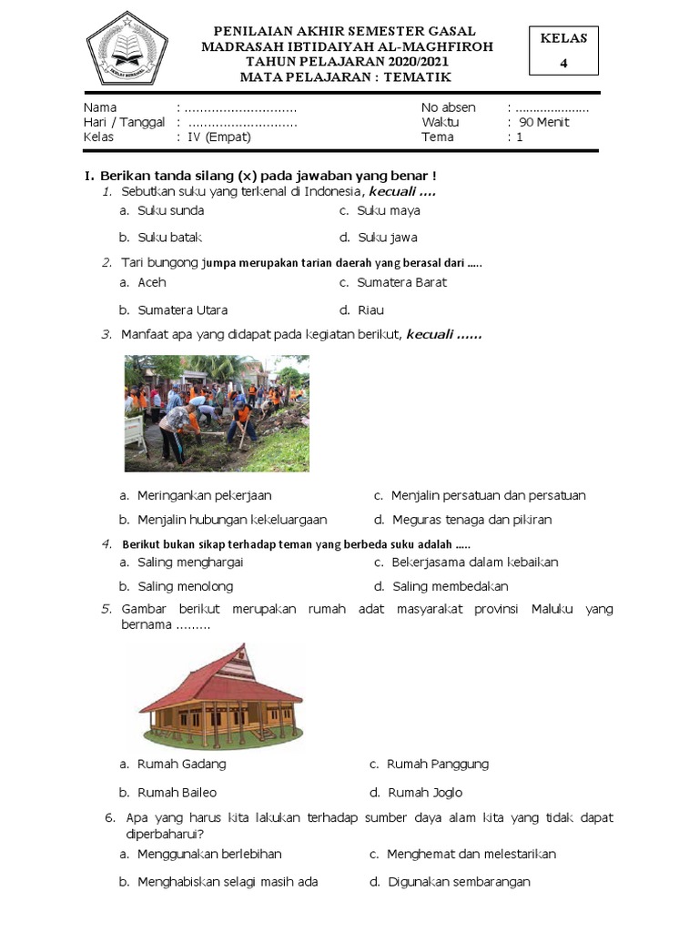Soal Pas Kls 4 Tema 1 - Kamimadrasah | PDF