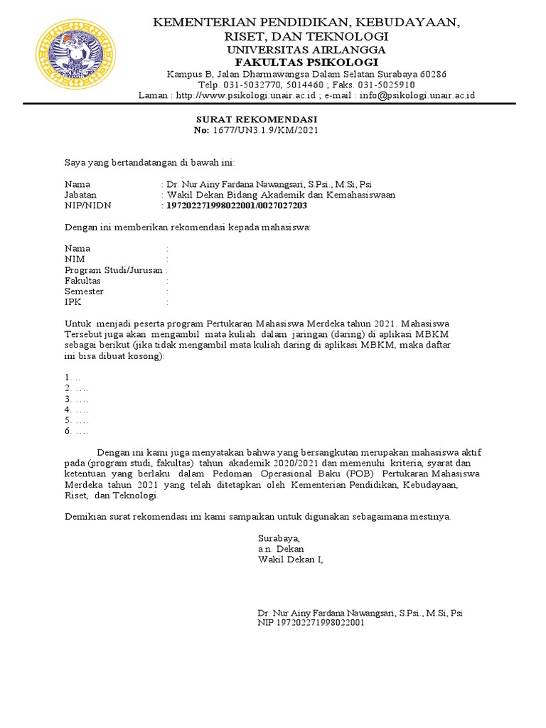 Surat Rekomendasi Peserta Pertukaran Mahasiswa Merdeka 2021 | PDF