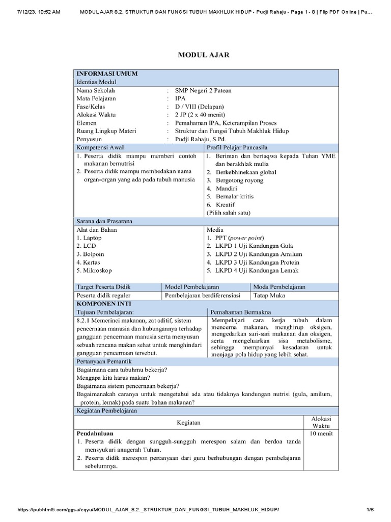 Modul Ajar 8.2. Struktur Dan Fungsi Tubuh Makhluk Hidup - Pudji Rahaju - Page 1 - 8 - Flip PDF ...