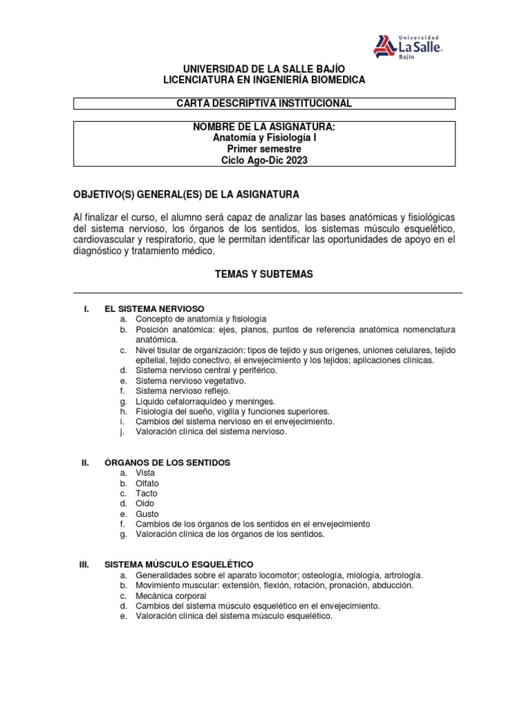 Carta Descriptiva Anatomia y Fisiología I Ing Biomédica Ciclo 2023 ...