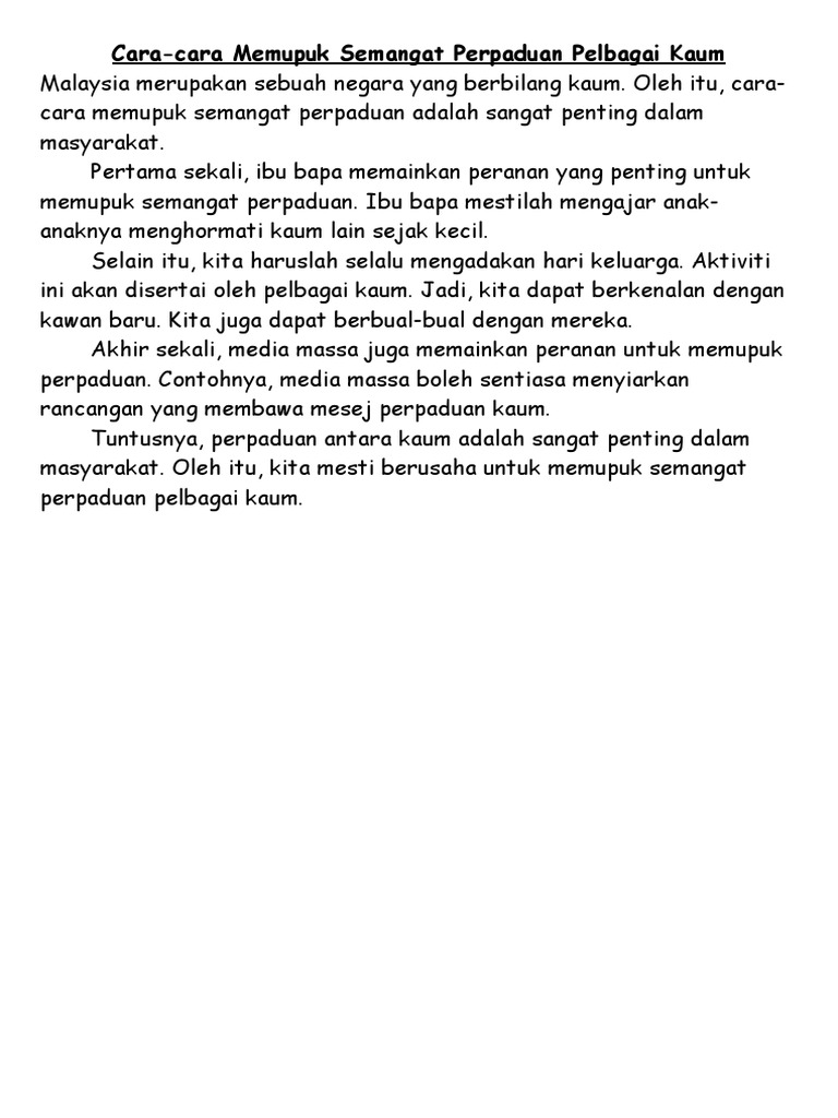 Cara-Cara Memupuk Semangat Perpaduan Pelbagai Kaum | PDF