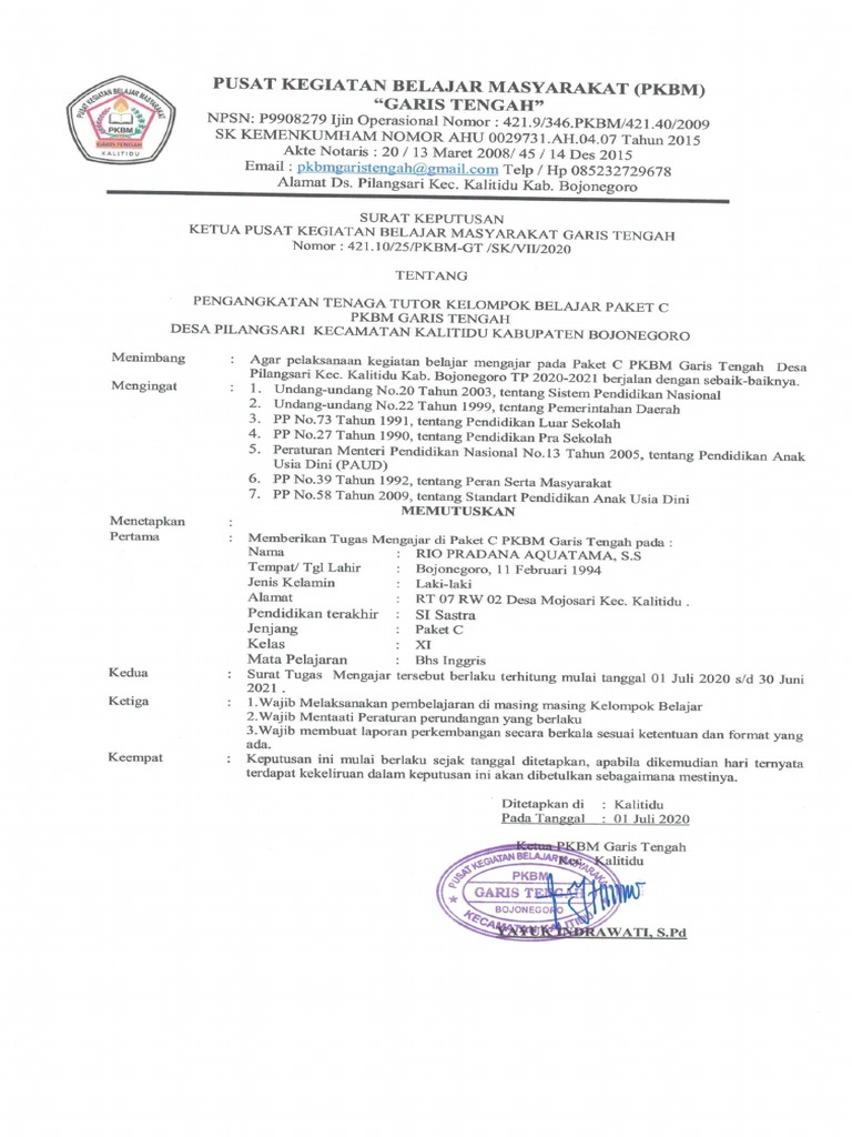 SK Pengangkatan Tutor Paket C PKBM Garis Tengah - Compressed | PDF SK Pengangkatan Tutor Paket C PKBM Garis Tengah - Compressed | PDF