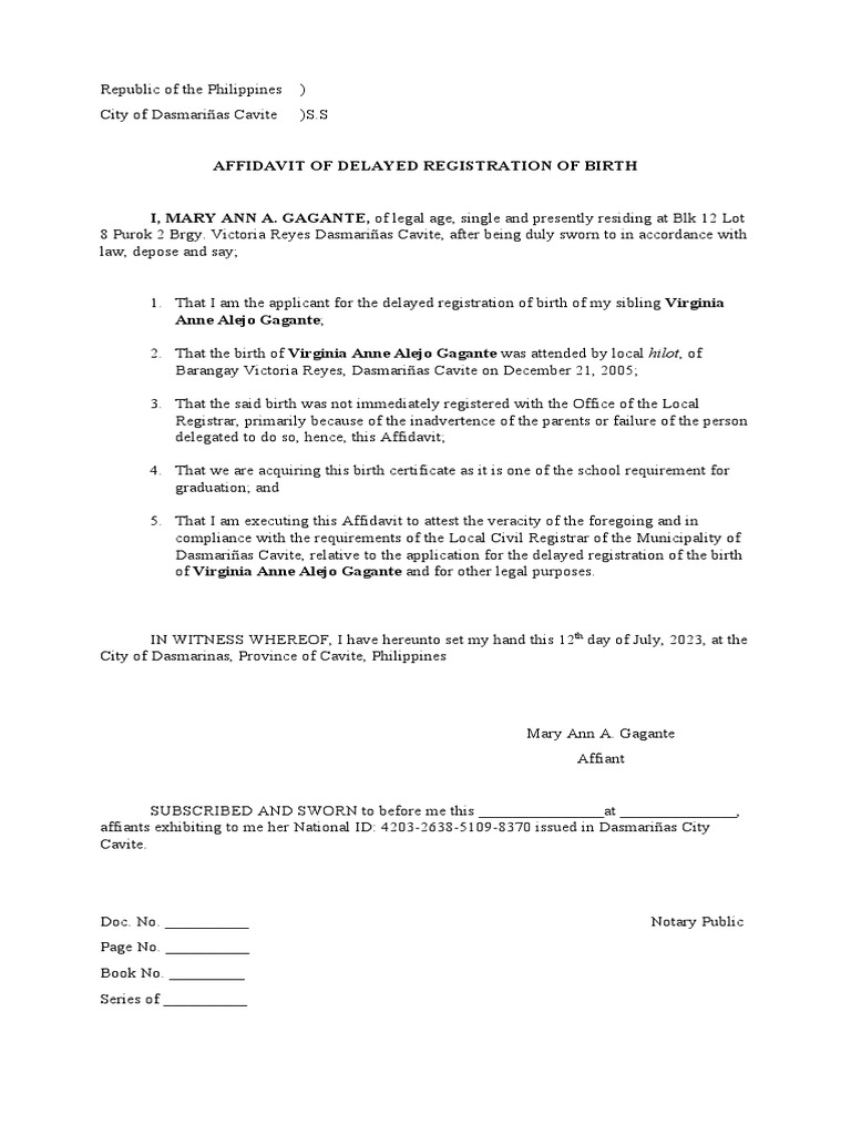 Affidavit of Delayed Registration of BC | PDF