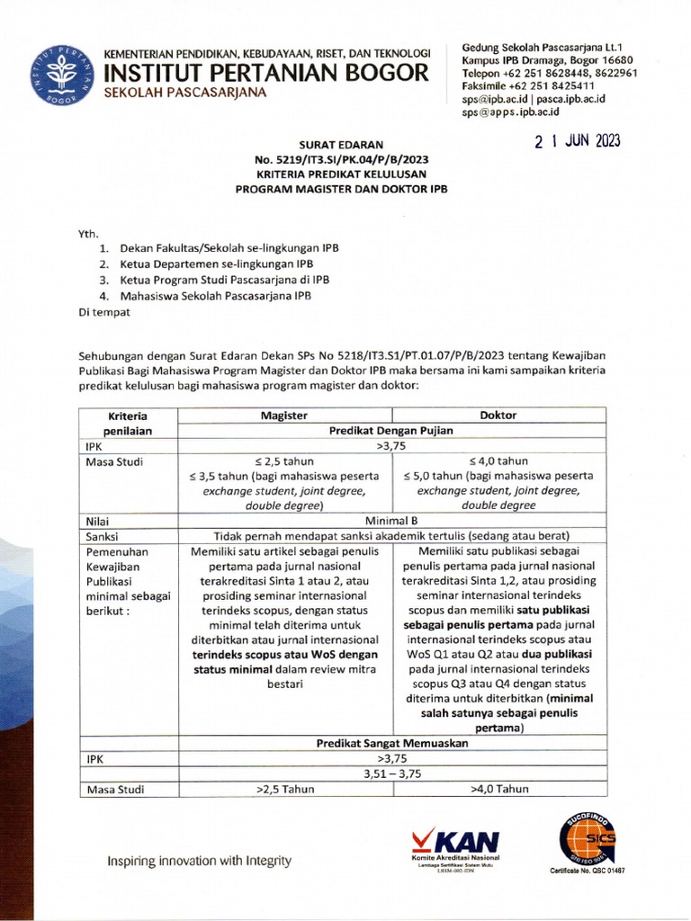 5219 - SE Kriteria Predikat Kelulusan Program Magister Dan Doktor IPB-2023 | PDF