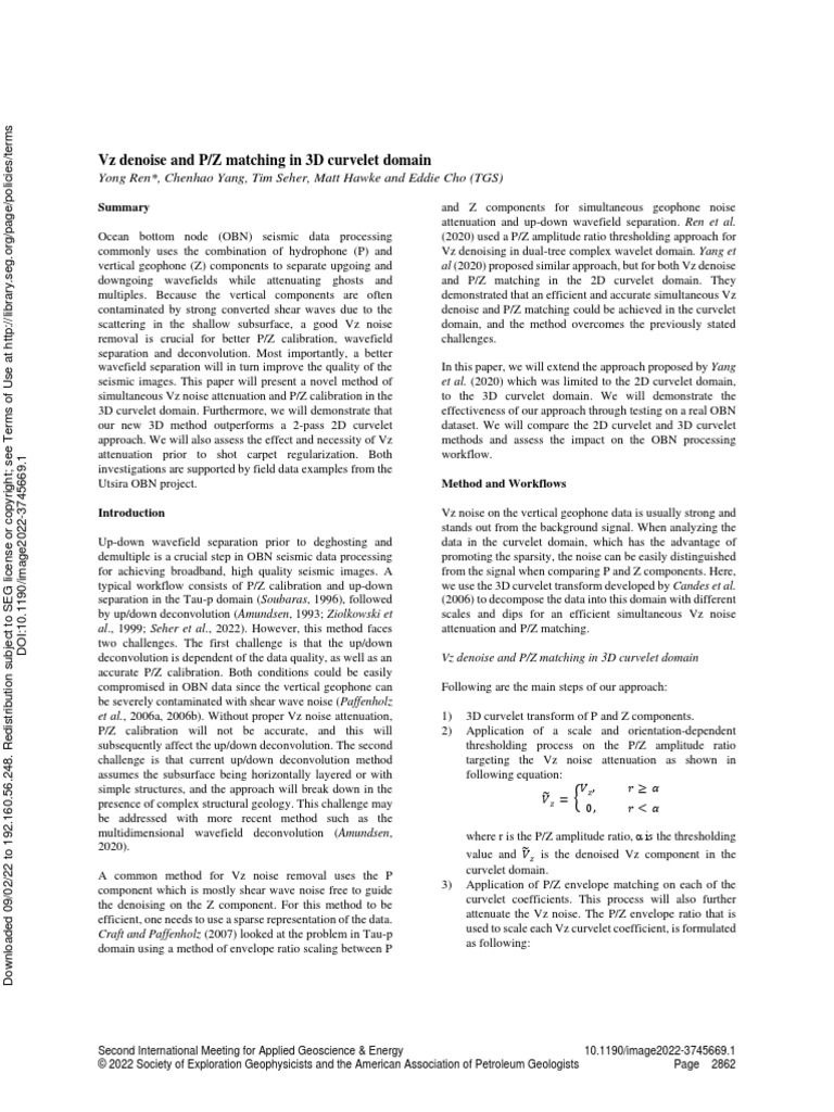 Ren Et Al 2022 Vz Denoise And Pz Matching In 3d Curvelet Domain Pdf Reflection Seismology