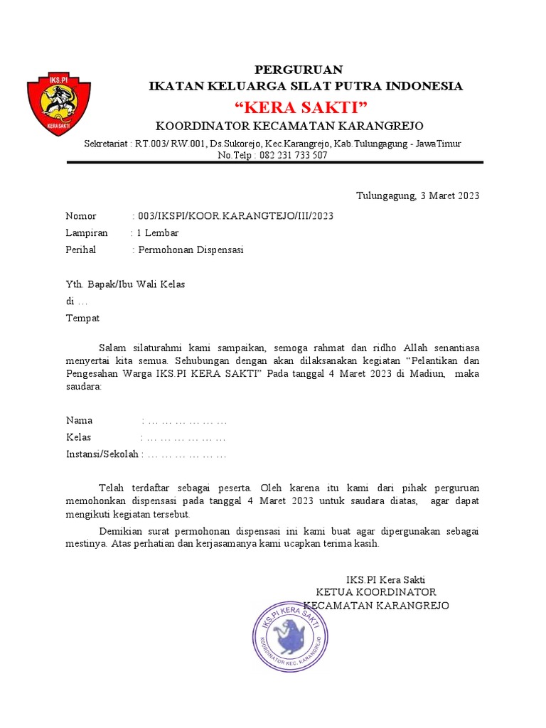 Contoh Surat Dispensasi | PDF