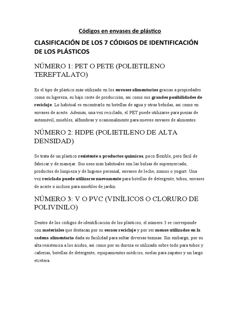 Clasificación de Códigos de Plásticos | PDF | El plastico | Cloruro de ...