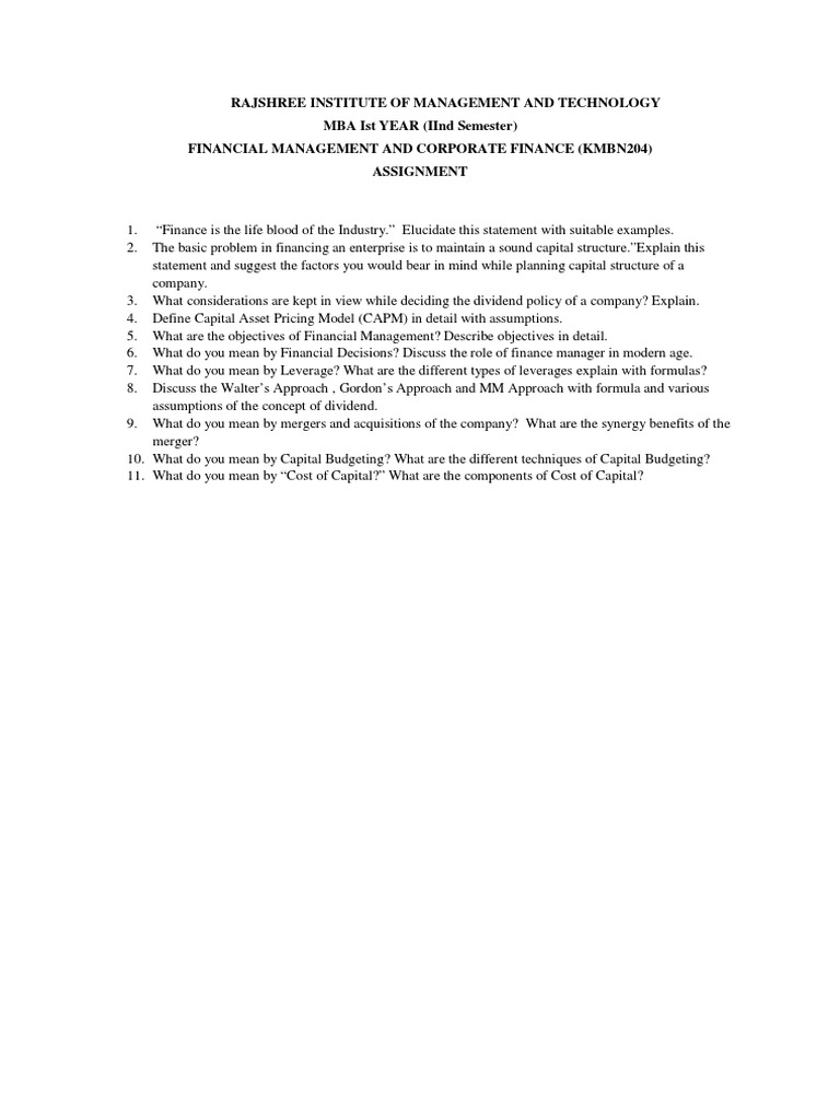 Financial Management and Corporate Finance Assignment | PDF