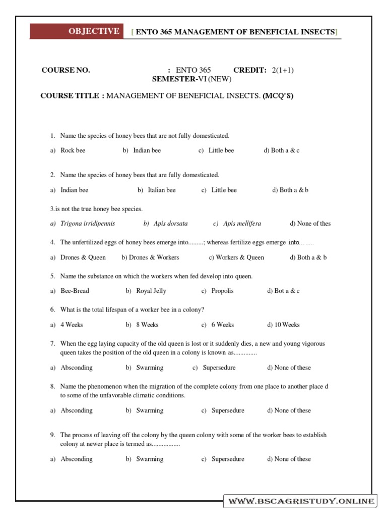 Ento 365 All Objective Qu. | PDF | Honey Bee | Silk