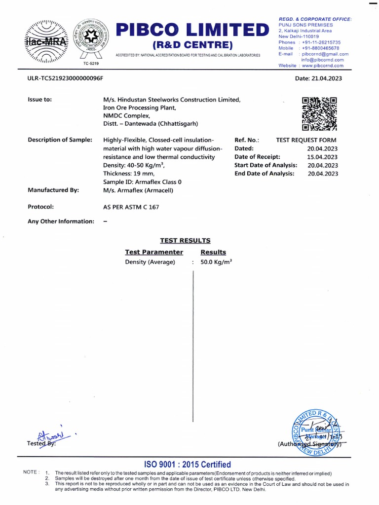 NABL Density Certificate For Nitrile Rubber Tube Insulation For Hvac ...