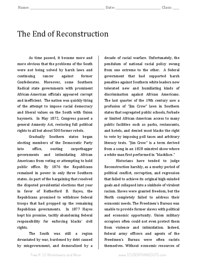 The End of Reconstruction Explained | PDF | Reconstruction Era | Jim ...