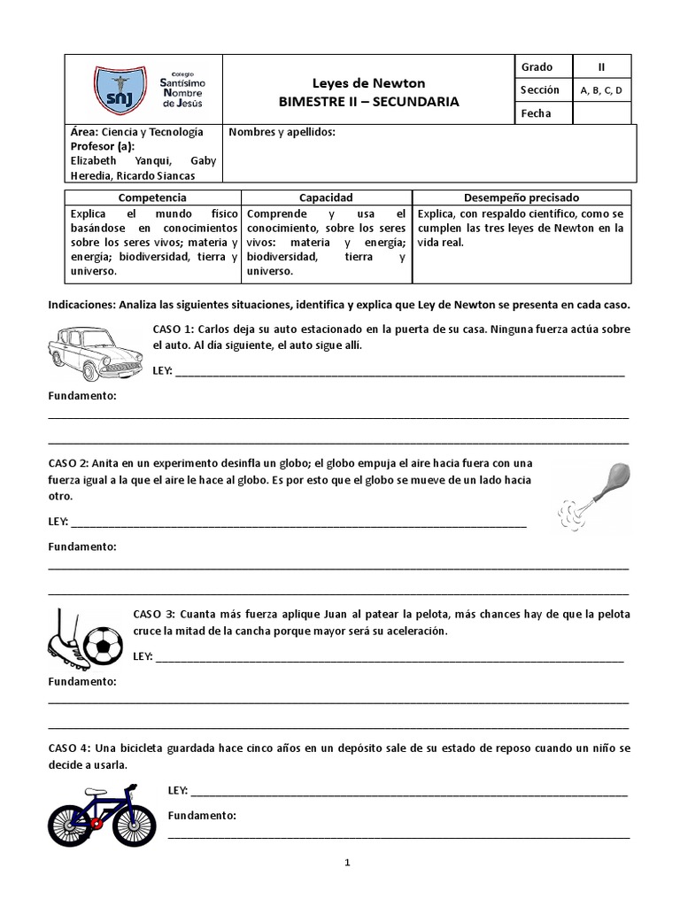 Hoja De Trabajo De La Ley De Newton Experimentos Sobre La Primera Ley