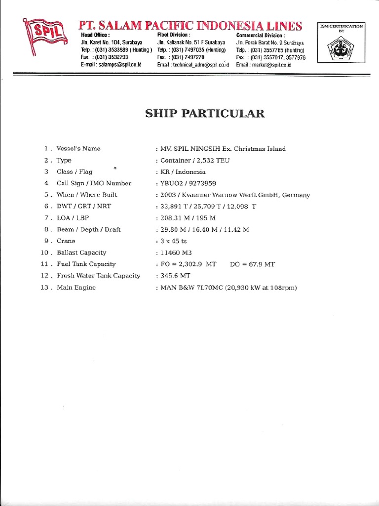 Ship Particular NIN | PDF