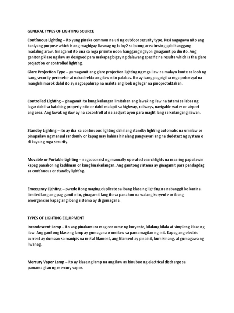 General Types Of Lighting Source Pdf