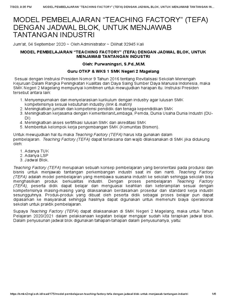 Model Pembelajaran "Teaching Factory" (Tefa) Dengan Jadwal Blok, Untuk Menjawab Tantangan ...