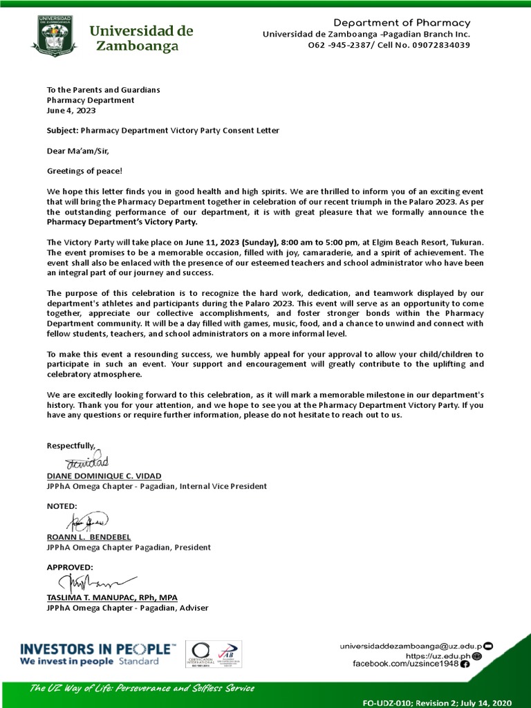 Pharmacy Department Victory Party Consent | PDF | Lifestyle
