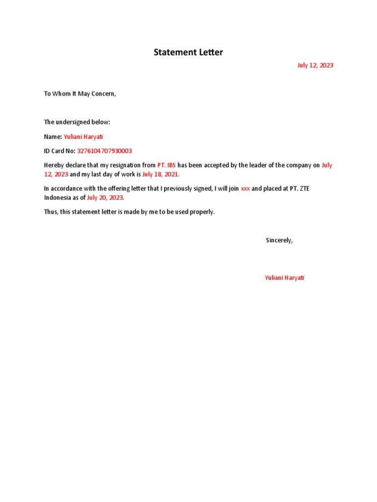 Draft Statement Letter Yuli | PDF