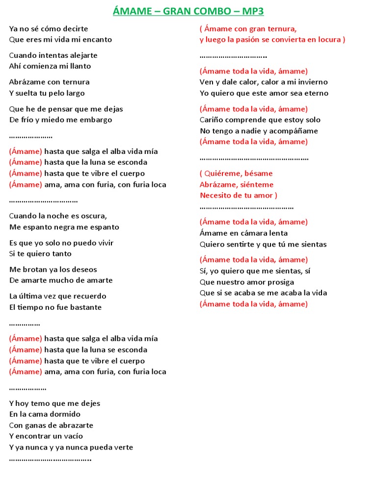 Letra de "Ámame" - El Gran Combo | PDF | Arte | Poesía