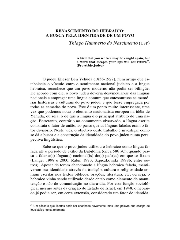 10 Renascimento Do Hebraico, A Busca Pela Identidade de Um Povo - Thiago Humberto Do Nascimento ...