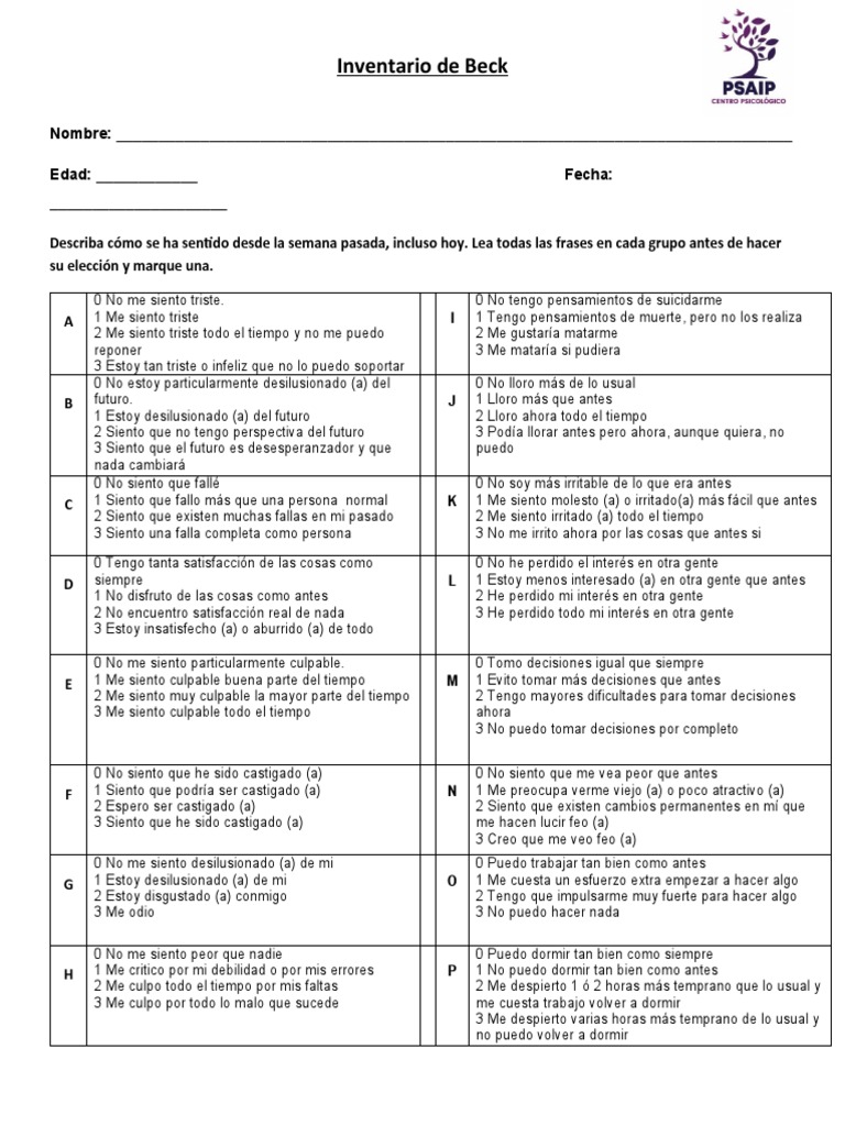 Escala Depresion Beck | PDF | Depresión (estado de ánimo)