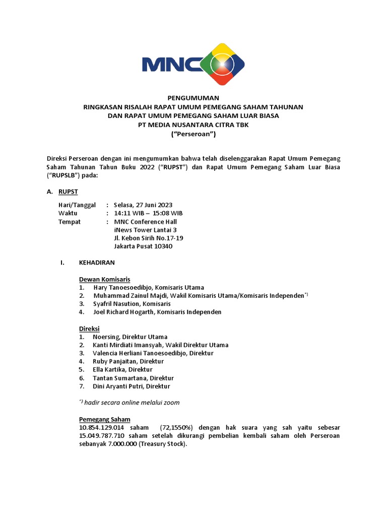 MNCN - Ringkasan Risalah - Risalah RUPS - 31336592 - Lamp1 | PDF