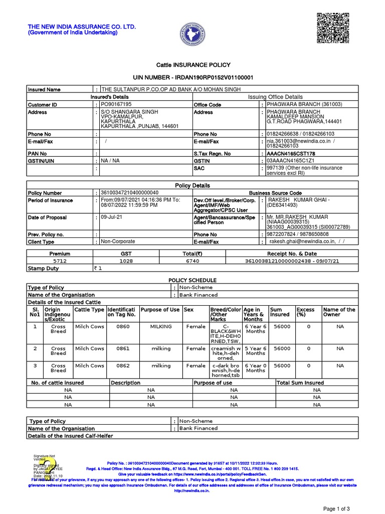 Cattle Insurance Policy UIN NUMBER - IRDAN190RP0152V01100001 | PDF ...
