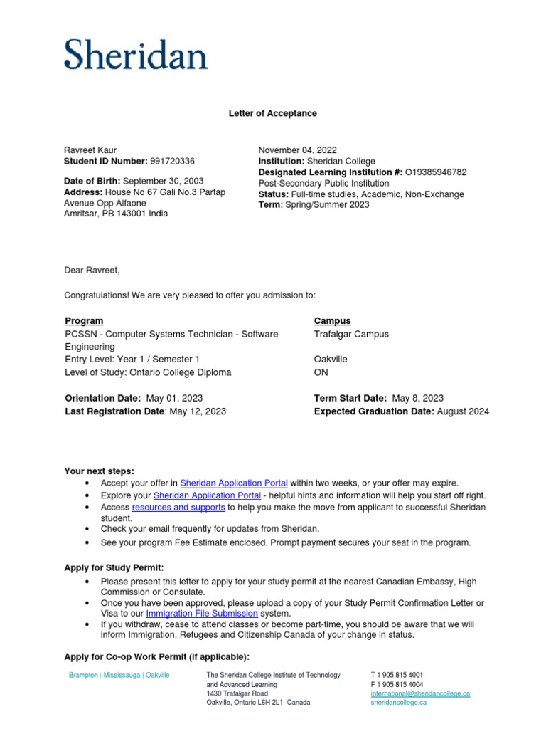Sheridan College Admission Offer Letter | PDF | Payments | Wire Transfer