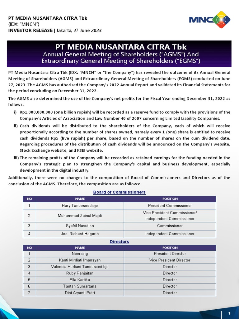 MNCN - Laporan Informasi Dan Fakta Material - 31335204 - Lamp2 | PDF | Dividend | Private Law
