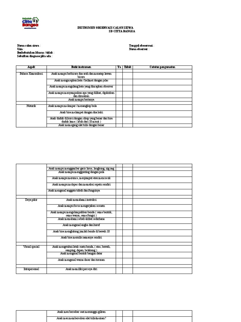 Instrumen Observasi Calon Siswa | PDF