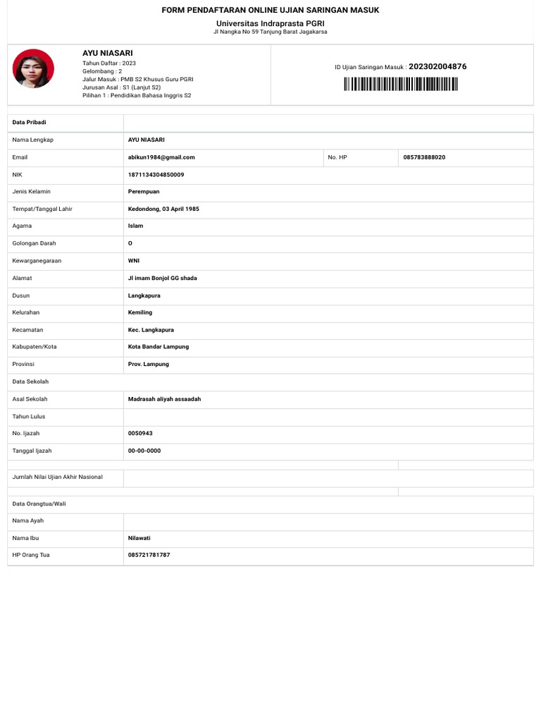 PMB - Unindra.ac - Id Admisi Cetakform - PHP | PDF