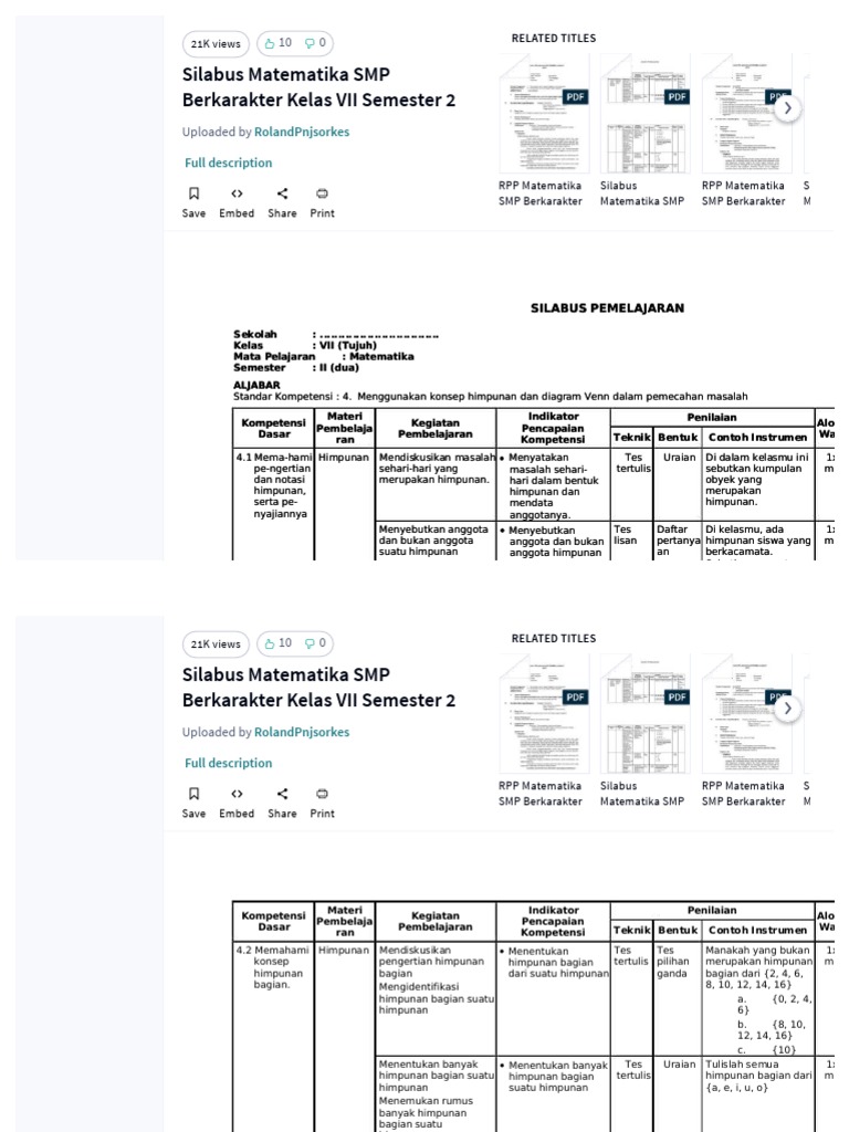 PDF Silabus Matematika SMP Berkarakter Kelas VII Semester 2 - Compress | PDF
