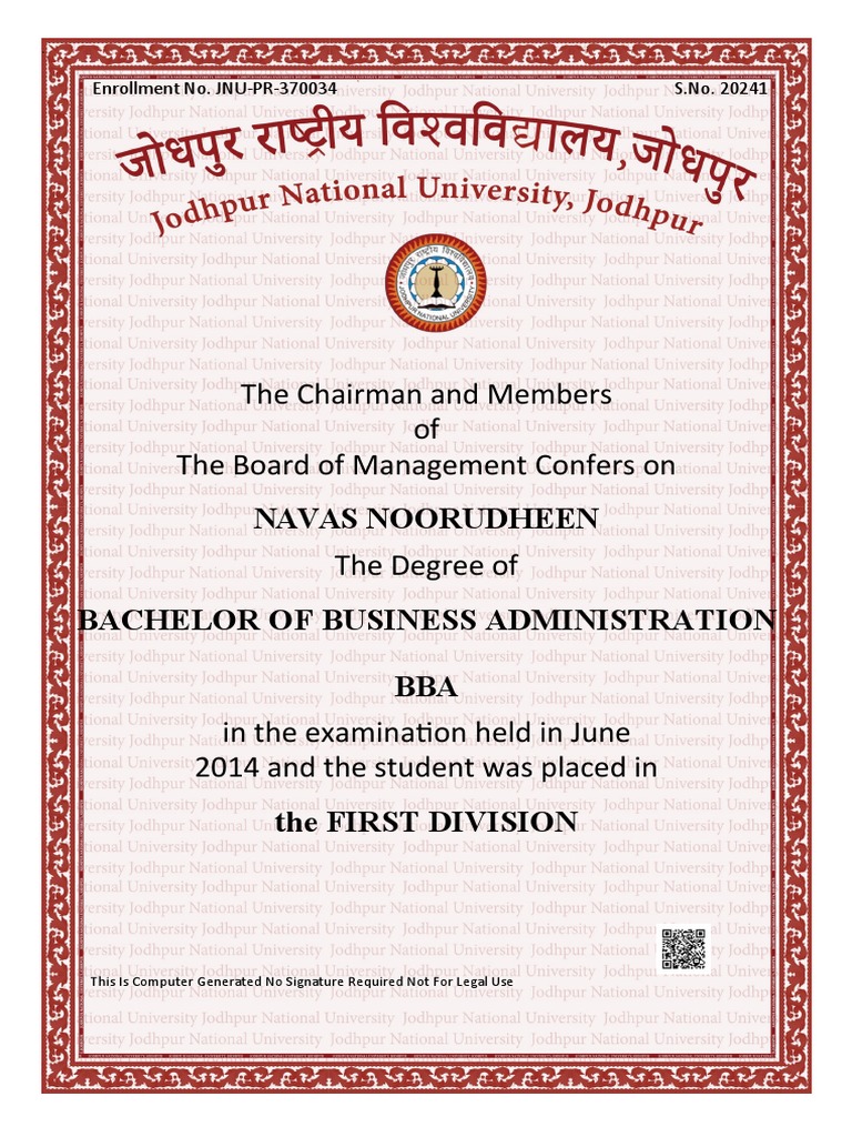 BBA Degree Certificate for Navas Noorudheen | PDF