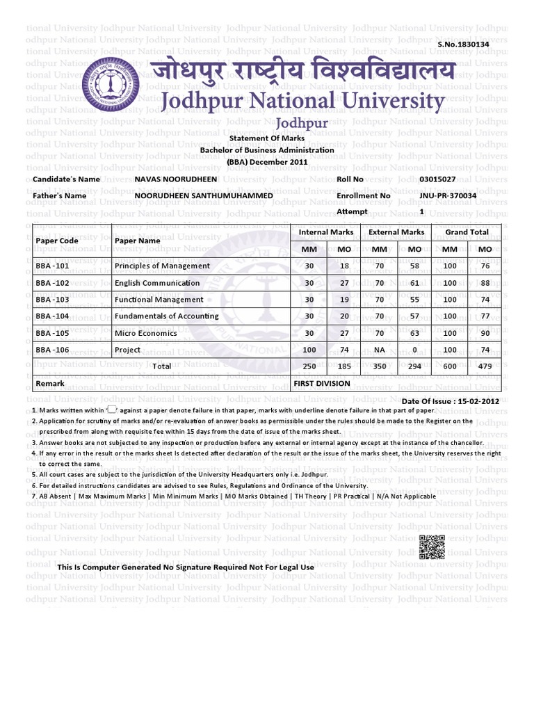 Navas Noorudheen - BBA - Mark Sheet | PDF | Business | Economies
