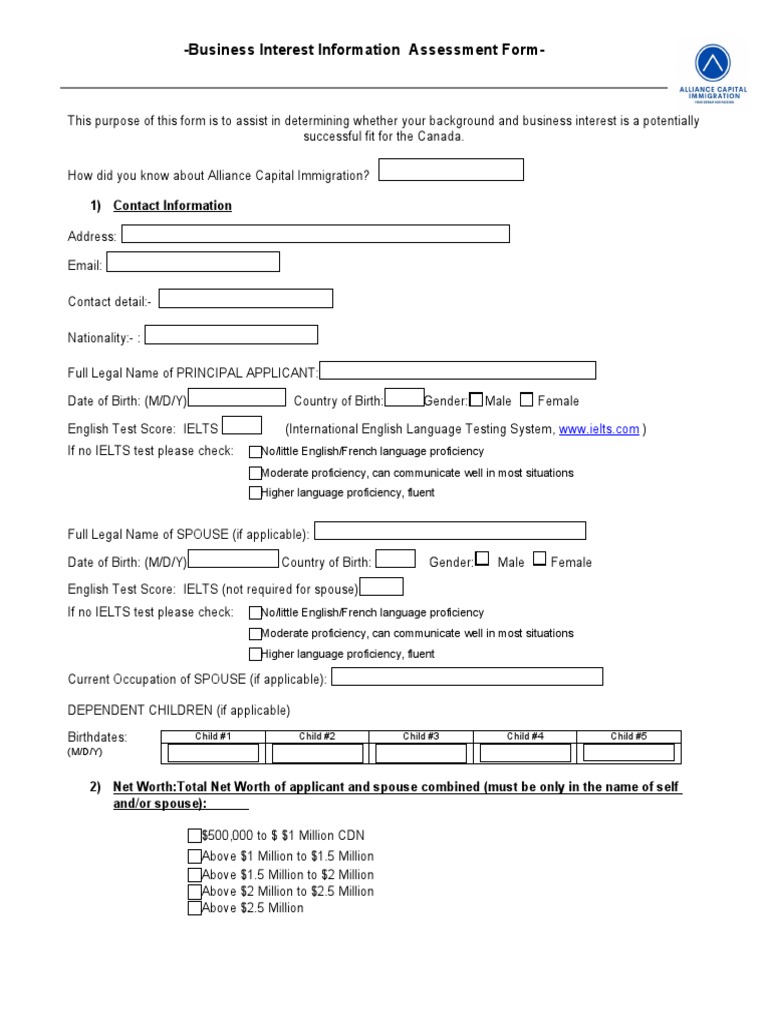 Immigration Assessment Form For Business Program | PDF | International ...