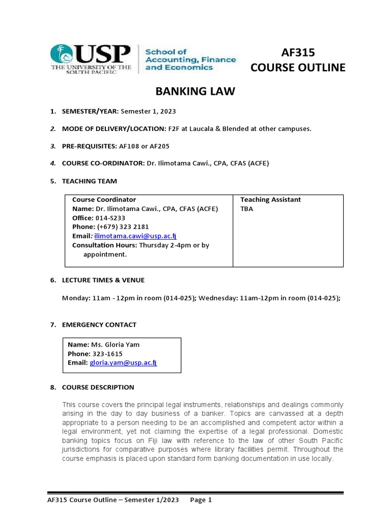 Banking Law Course Outline AF315 | PDF | Banks | Risk