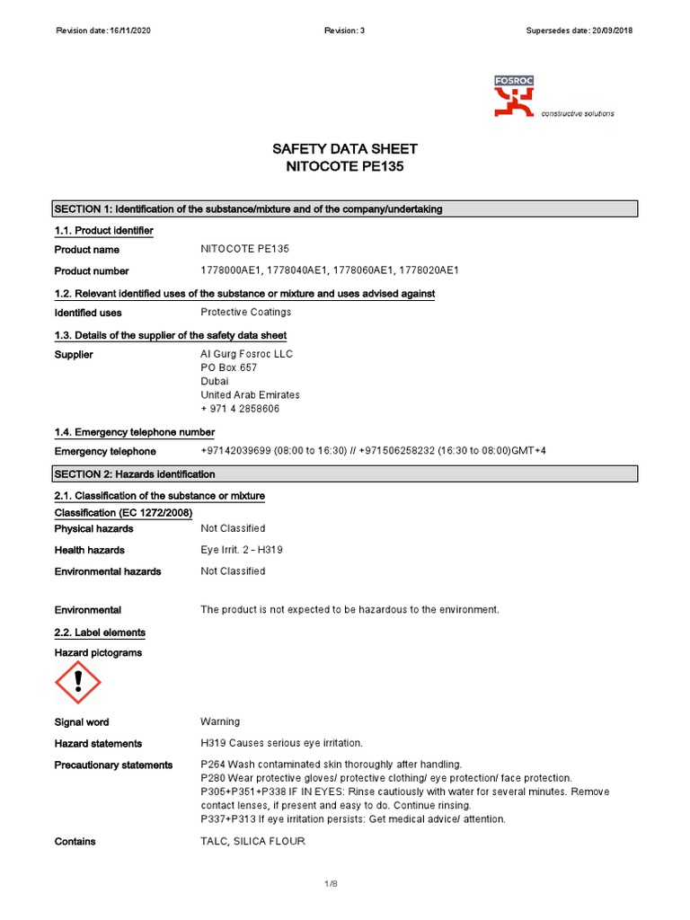 Fosroc - Nitocote PE 135 | PDF | Toxicity | Working Conditions