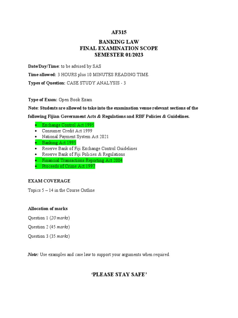 Banking Law Exam Scope 2023 | PDF | Finance & Money Management