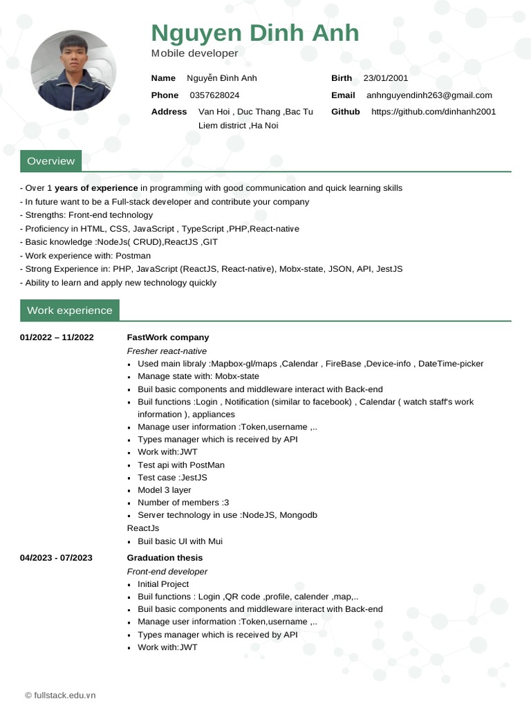 Mobile Developer NguyenDinhAnh CV | PDF | Java Script | Php