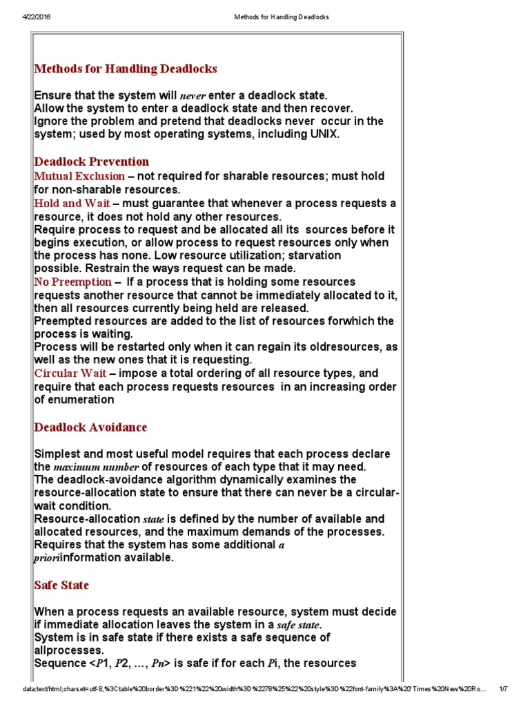 Methods For Handling Deadlocks: Mutual Exclusion Hold and Wait | Download Free PDF | Theoretical ...